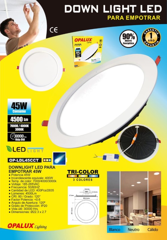 LUMINARIA DOWN LIGHT LED PARA EMPOTRAR 45W TRICOLOR CALIDO INTERMEDIO ...